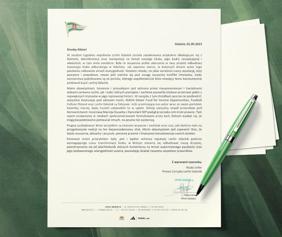 List do Kibiców od Prezesa Paolo Urfera/Letter to Fans from Paolo Urfer ...